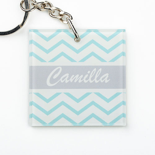 Aqua Grey Chevron Personalized Acrylic Square Keychain